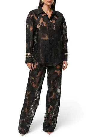 JLUXLABEL Embroidered Floral Button-up Shirt - Black