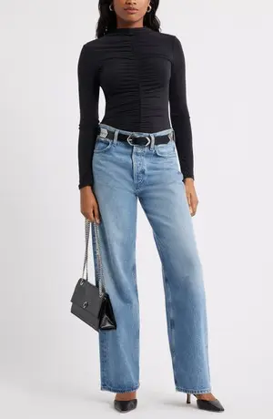 OPEN EDIT Shirred Mock Neck Top