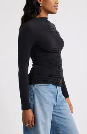 OPEN EDIT Shirred Mock Neck Top