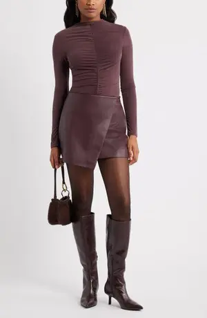 OPEN EDIT Shirred Mock Neck Top - Burgundy Fudge
