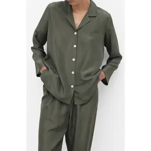Mango Silk Pajama Shirt Forest Green