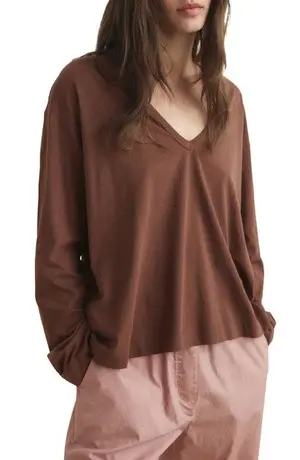 Mango Long Sleeve Cotton V-neck Pajama Top - Brown