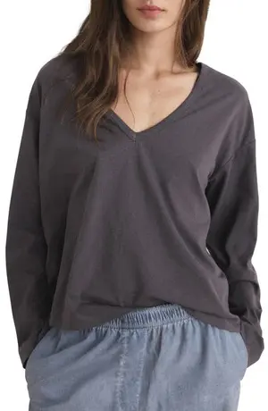 Mango Long Sleeve Cotton V-neck Pajama Top - Charcoal