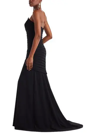 Tadashi Shoji Pleated Notched Strapless Gown