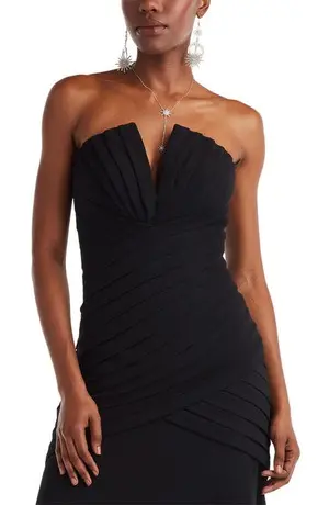 Tadashi Shoji Pleated Notched Strapless Gown