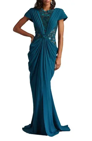 Tadashi Shoji Pleated Lace Gown - Cerulean
