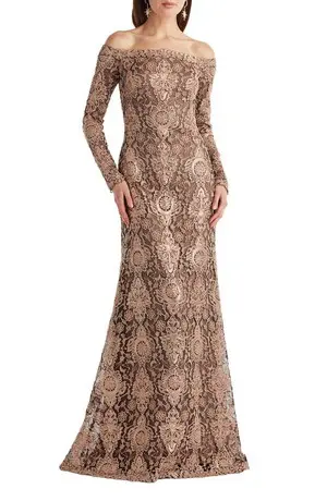 Tadashi Shoji Sequin And Lace Off-the-shoulder Gown - Ginseng