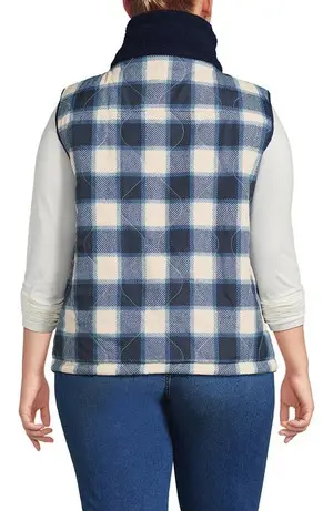 LANDS' END High Pile Fleece Reversible Mixed Media Vest - Navy/navy Check