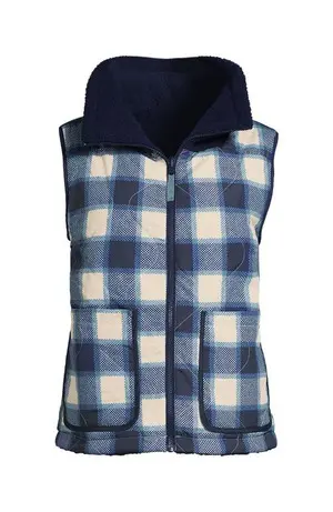 LANDS' END High Pile Fleece Reversible Mixed Media Vest - Navy/navy Check