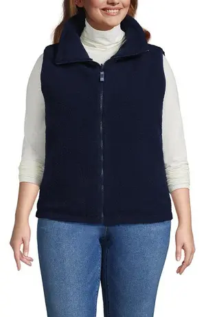LANDS' END High Pile Fleece Reversible Mixed Media Vest - Navy/navy Check