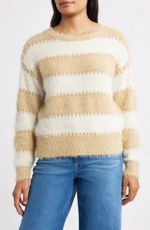 CITY BLUES Stripe Metallic Boat Neck Sweater - Champagne/taupe