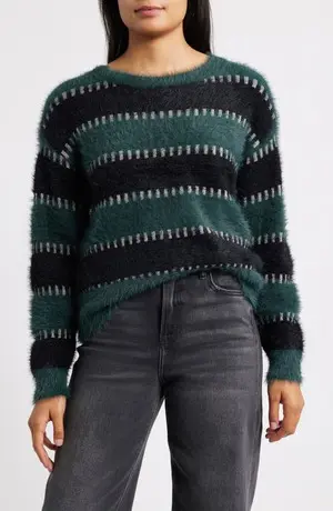 CITY BLUES Stripe Metallic Boat Neck Sweater - Spruce/black