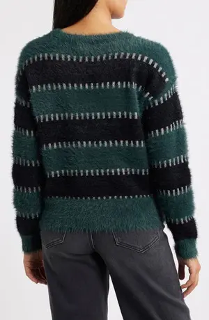 CITY BLUES Stripe Metallic Boat Neck Sweater - Spruce/black