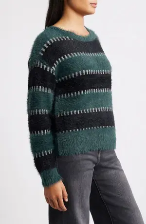 CITY BLUES Stripe Metallic Boat Neck Sweater - Spruce/black