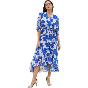 YUMI Floral Print Midi Wrap Dress - Blue