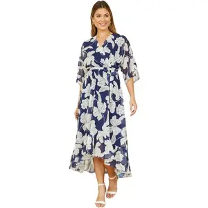 YUMI Floral Print Midi Wrap Dress - Navy