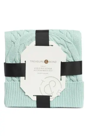 Treasure & Bond Cable Knit Scarf & Beanie Set - Teal Surf