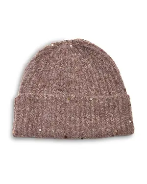 Jocelyn Sequined Rib Knit Cuffed Beanie - Mocha