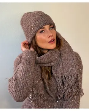 Jocelyn Sequined Rib Knit Cuffed Beanie - Mocha