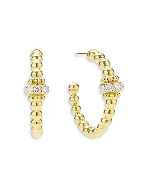 Lagos 18k Yellow Caviar Diamond Rondelle Bead Hoop Earrings - Gold