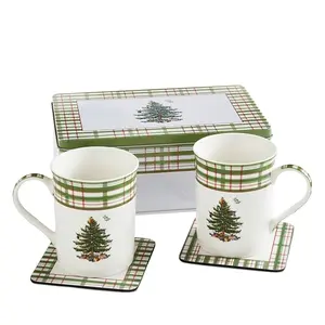 SPODE 5 Piece Christmas Tree Mug & Coaster Set - Green