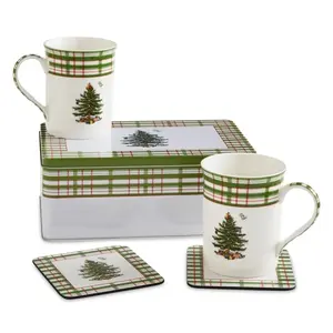 SPODE 5 Piece Christmas Tree Mug & Coaster Set