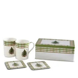 SPODE 5 Piece Christmas Tree Mug & Coaster Set
