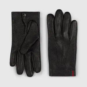 Gucci Grainy Leather Gloves With Web - Black