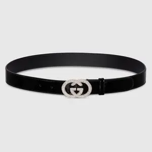 Gucci Thin Belt With Crystal Interlocking G Buckle - Grey