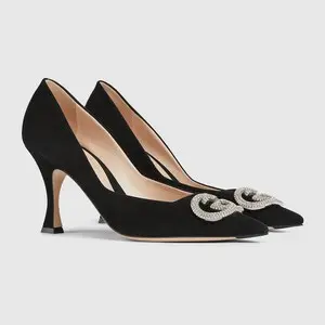 Gucci Suede Pump With Crystal Interlocking G - Black