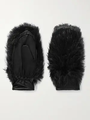 Goldbergh Hill Plush-trimmed Leather Mittens - Black