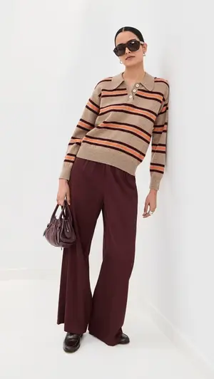 Daughter Edith Striped Polo Sweater In 100% Wool - Dark Natural Stripe