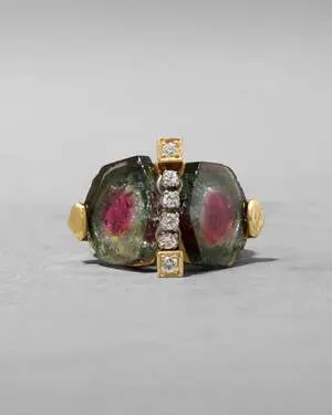 Alexis Bittar Vintage 1970s 18k Ring With Watermelon Tourmaline And Diamond - Gold
