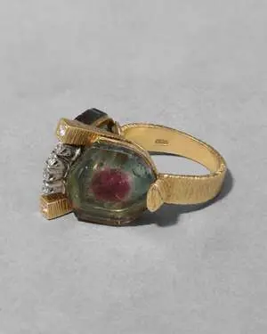 Alexis Bittar Vintage 1970s 18k Ring With Watermelon Tourmaline And Diamond
