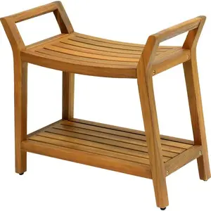 JONATHAN Y Orla Modern Acacia Wood Shower Bench With 2-tier Storage Shelf - Natural