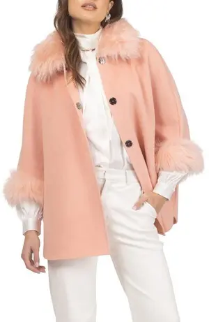 Gorski Wool Cape With Shearling Collar And Cuffs - Light Pink