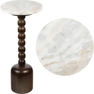 JONATHAN Y Turner 24.5" Designer Cottage Spindle Wood Column Drink Table And Decorative End Table With Marble Round Top - Dark Brown/beige/gray
