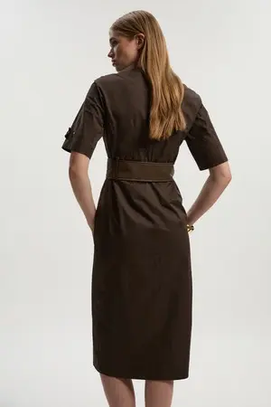 Karen Millen Cotton Utility Midi Dress With Faux Leather Accents