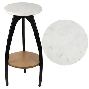 JONATHAN Y Ollie 24.5" Designer Farmhouse Metal Tripod Drink Table And Decorative End Table With White Marble Round Top And Wood Undershelf - Black/natural/white