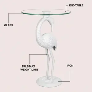 JONATHAN Y Blanche Coastal Flamingo Accent End Table, Round Glass Top Iron Base