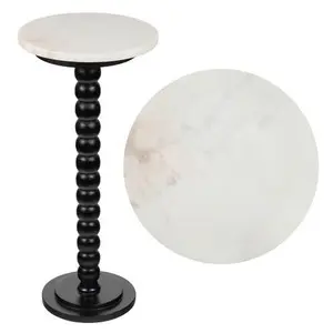 JONATHAN Y Monroe 24.25" Rustic Farmhouse Spindle Wood Drink Table And Decorative End Table With White/beige Marble Round Top - Black/white