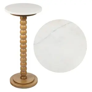 JONATHAN Y Monroe 24.25" Rustic Farmhouse Spindle Wood Drink Table And Decorative End Table With White/beige Marble Round Top - Natural/white