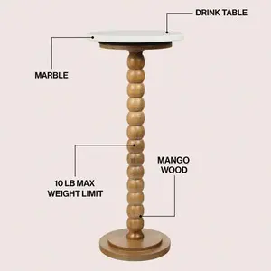 JONATHAN Y Monroe Farmhouse Wood Drink Table, Marble Round Top Bobbin Spool Pedestal Base - Natural/white