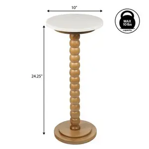 JONATHAN Y Monroe Farmhouse Wood Drink Table, Marble Round Top Bobbin Spool Pedestal Base - Natural/white