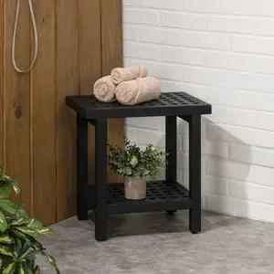 JONATHAN Y Armin Modern Acacia Wood Shower Stool With Storage Shelf, Heavy Duty Slatted Bath Spa Bench For Bathroom - Black