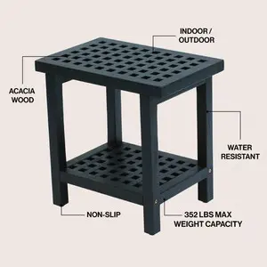 JONATHAN Y Armin Modern Acacia Wood Shower Stool With Storage Shelf, Heavy Duty Slatted Bath Spa Bench For Bathroom - Black