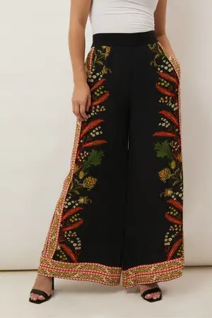 RAISHMA Reyna Wide-leg Trousers With Floral Embroidery - Botanical