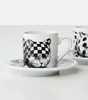 FORNASETTI High Fidelity Set Of 2 Porcelain Cups And Saucers - Black