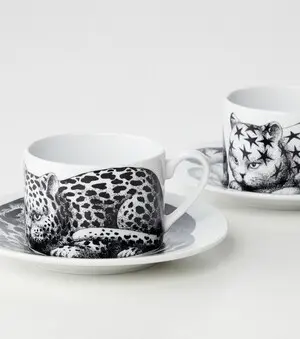 FORNASETTI High Fidelity Set Of 6 Porcelain Teacup And Saucer Set - Black