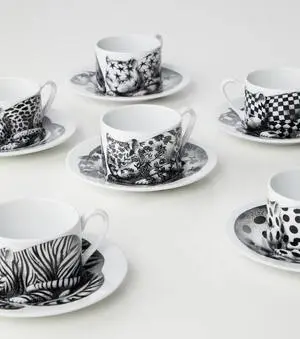 FORNASETTI High Fidelity Set Of 6 Porcelain Teacup And Saucer Set - Black
